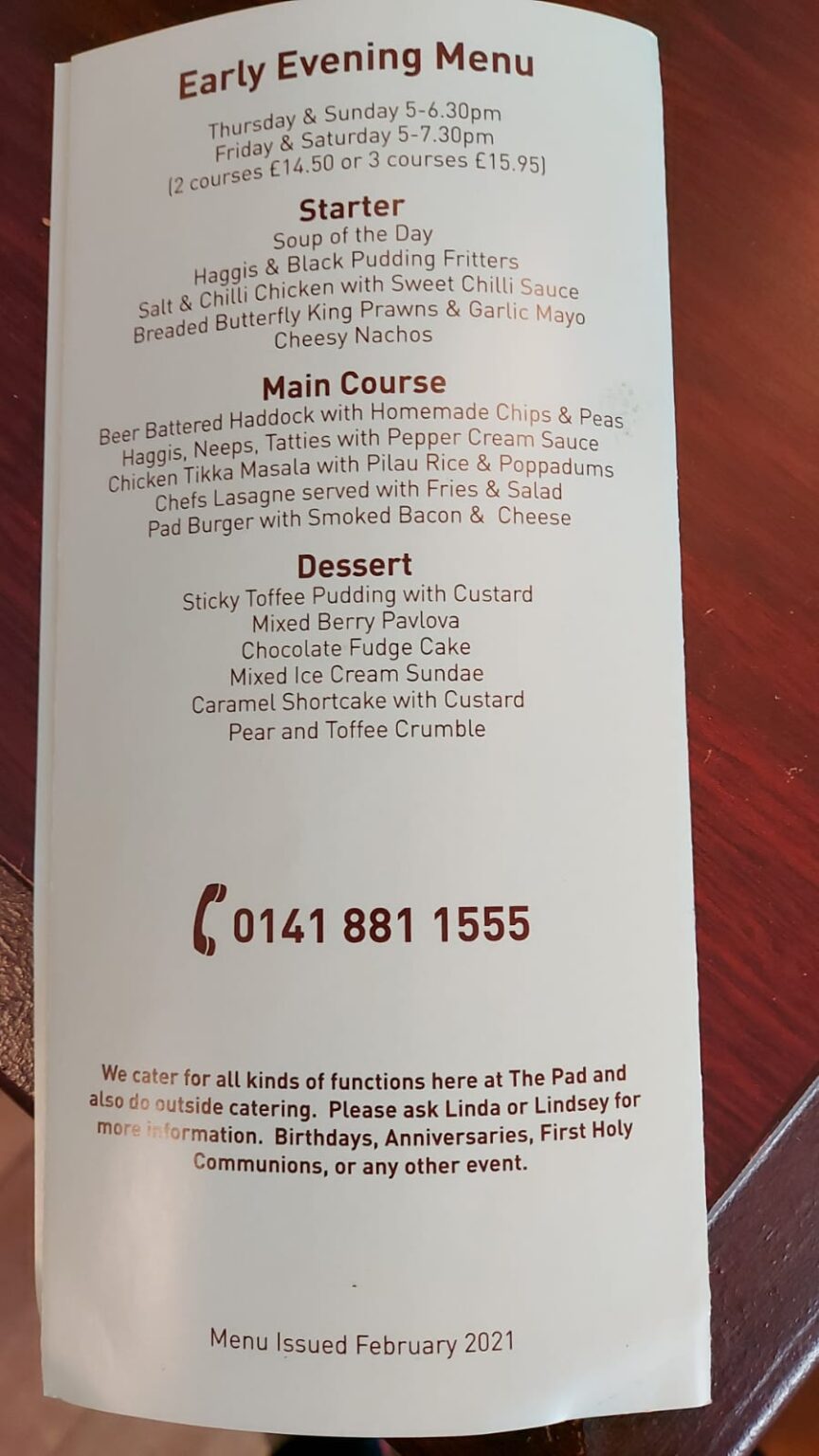 Menus - The Pad Neilston