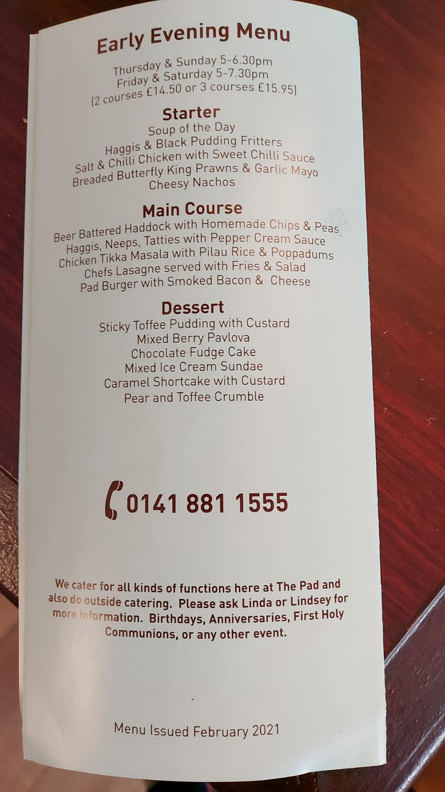 Menus - The Pad Neilston