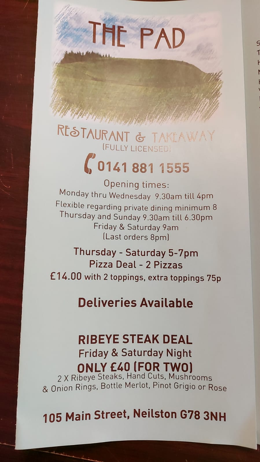 Menus - The Pad Neilston