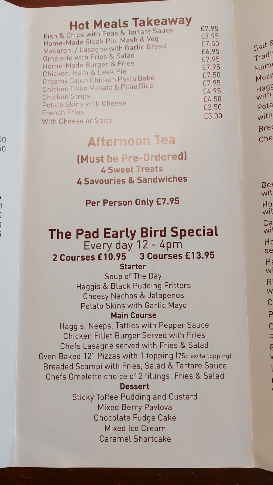 Menus - The Pad Neilston