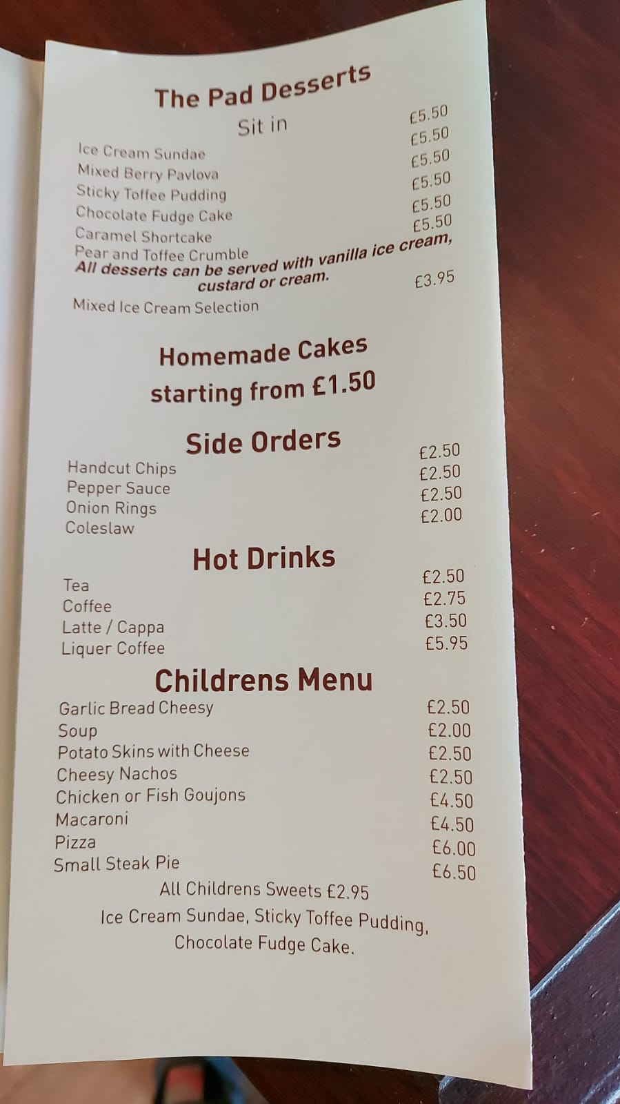 Menus - The Pad Neilston